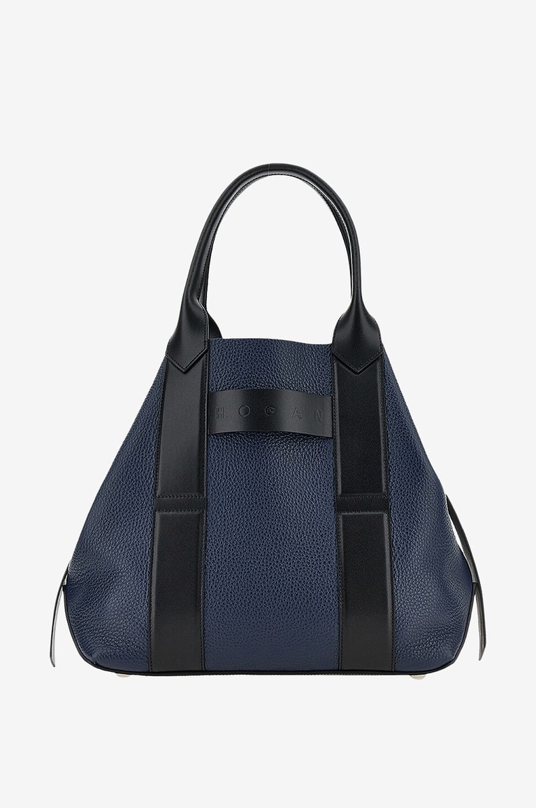 Sac cabas en cuir grainé Hogan Script Medium - HOGAN - BLEU FONCE - Bongénie Outlet