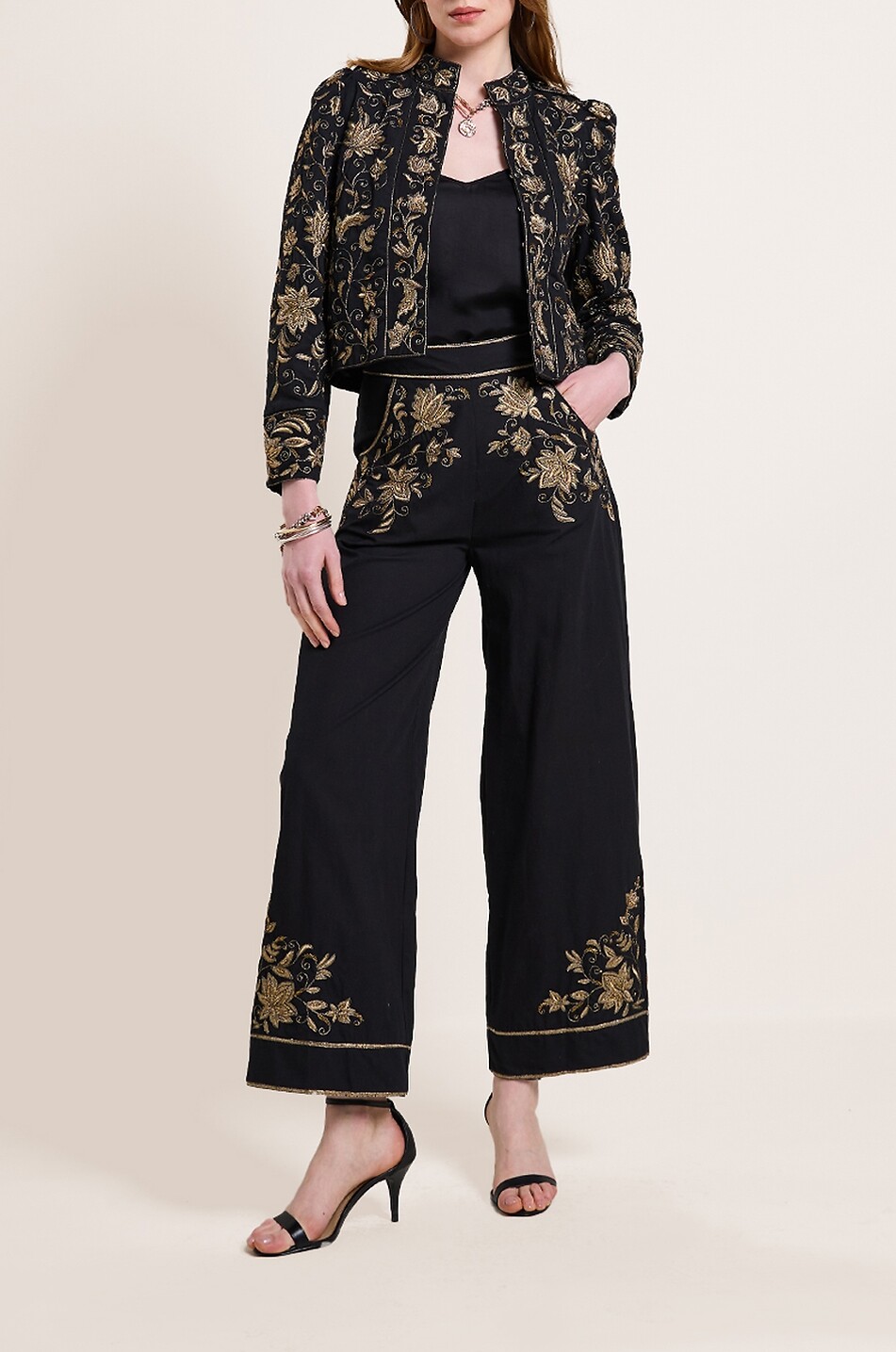Pantalon évasé en toile brodée à motifs Isi - SCARLETT POPPIES - NOIR ...
