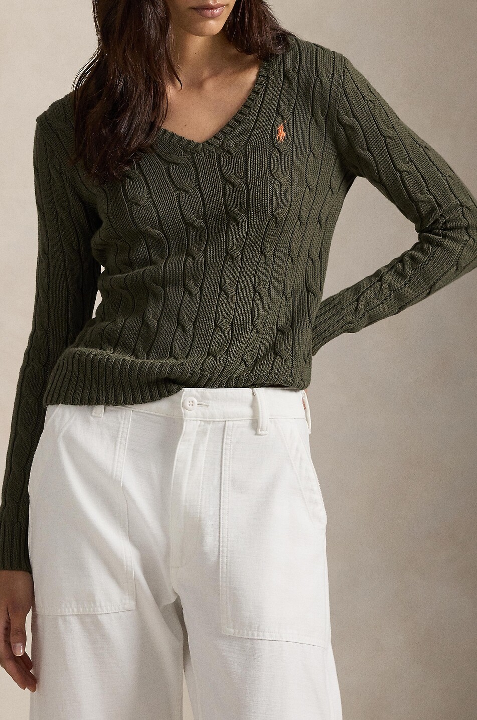 Pony V-neck cable-knit cotton jumper - POLO RALPH LAUREN - DARK GREEN ...